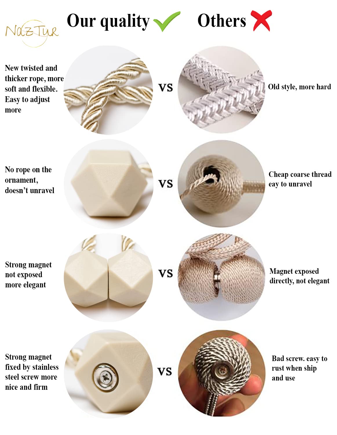 NazTur Magnetic Curtain Tiebacks- Upgrade 2022 with a Thicker Twist Rope and Strong Magnet Tieback Window Treatment Holdbacks Draperies Holders Decorative Drape Handmade Curtain Tie Back (Beige, 2)