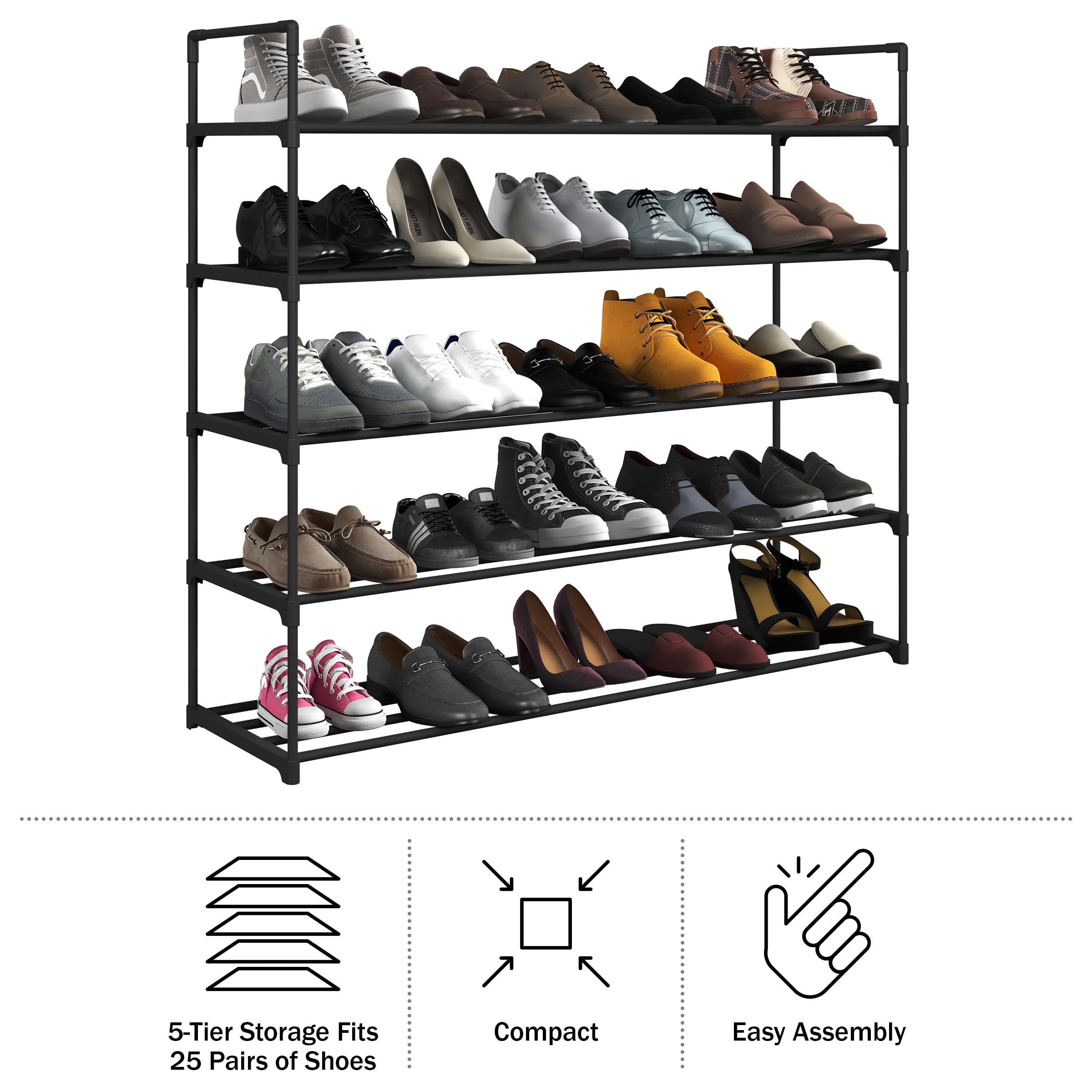 Shoe Rack - 5-Tier Shoe Organizer for Closet, Bathroom, Entryway - Shelf Holds 25 Pairs Sneakers, Heels, Boots by Home-Complete (Black)