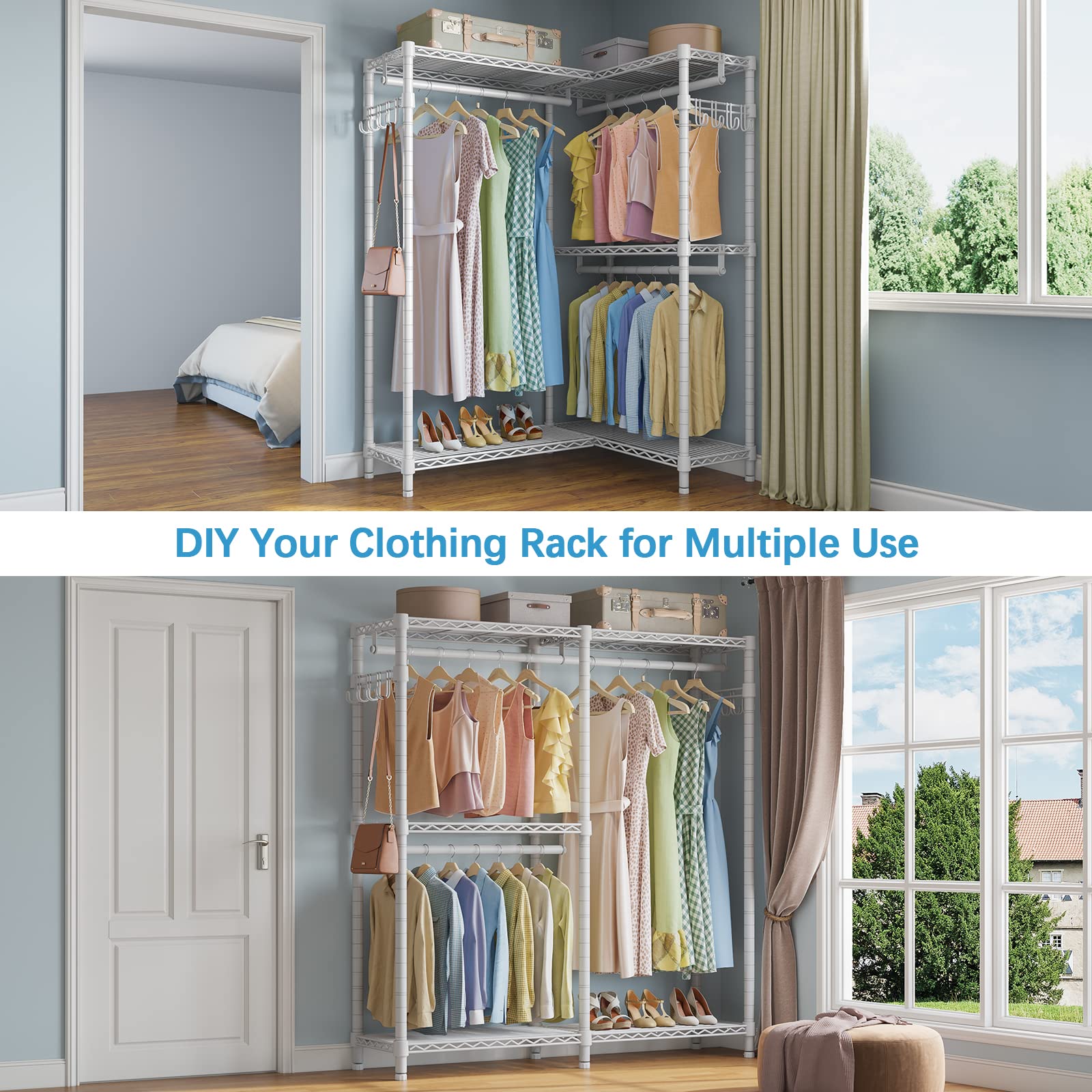 VIPEK L4S Garment Rack L Shaped Clothes Rack for Corner, Freestanding Portable Wardrobe Closet Heavy Duty Clothing Rack with 3 Hanging Rods & 2 Side Hooks, 43.3"Lx29.1"Wx76.4"H, Max Load 810LBS, White
