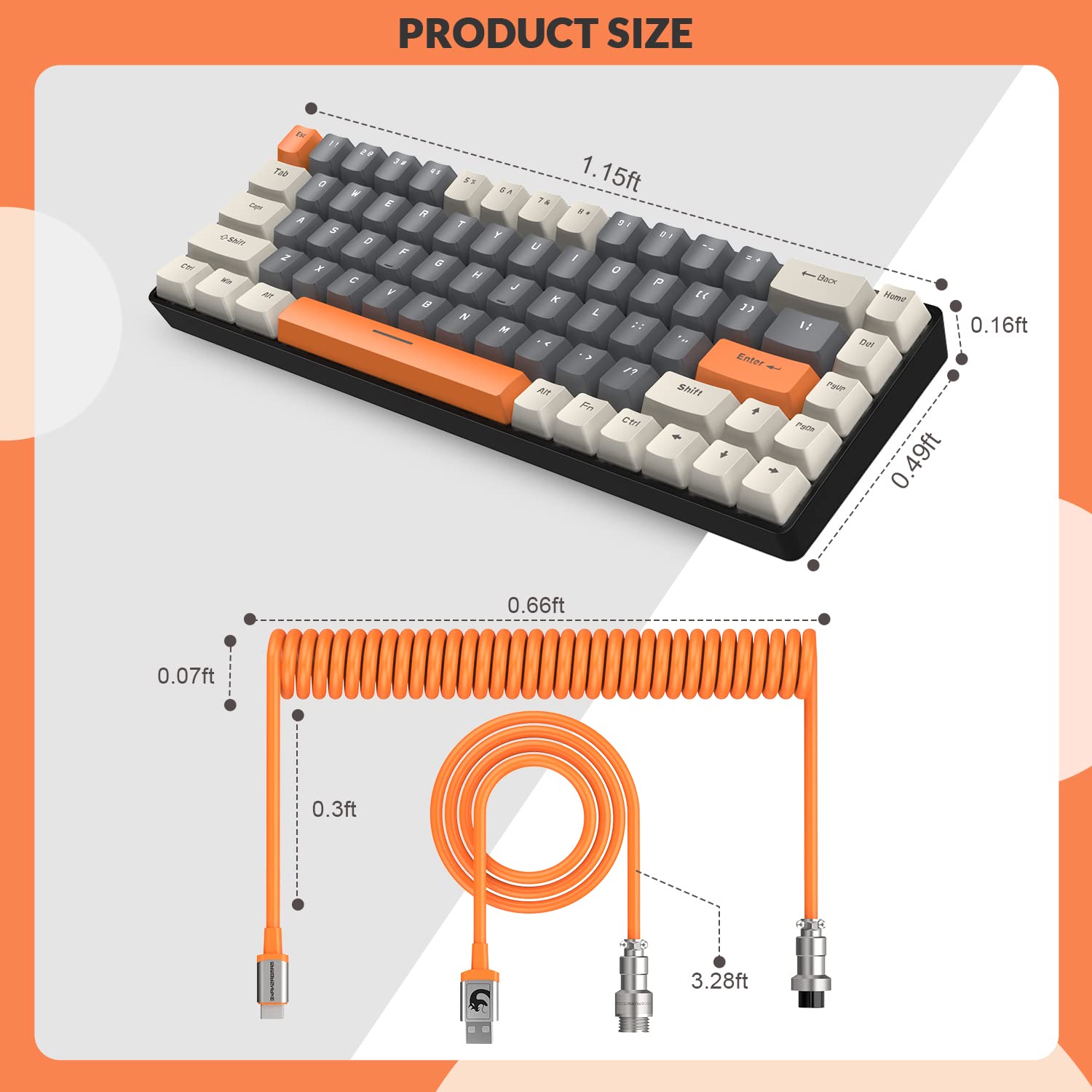 ZIYOU LANG RK-T8 Wired 65% Mechanical Gaming Keyboard with RGB LED Backlit Anti-ghosting TKL Mini 68 Key Custom Coiled C to A Cable Tactile Brown Switch for PS4 PS5 Xbox PC Mac Gamer(White/Dark Gray)