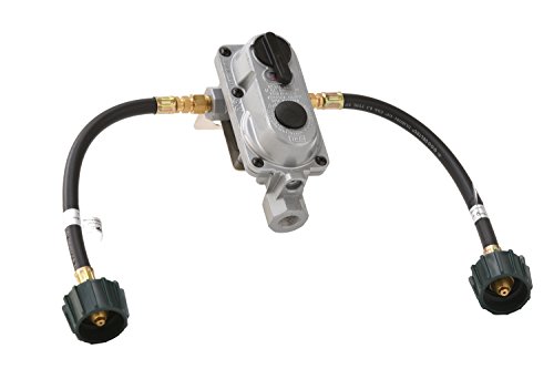 Flame King Auto Changeover LP Propane Gas Regulator + Dual RV Propane Tank Cylinder Rack for RVs and Trailers