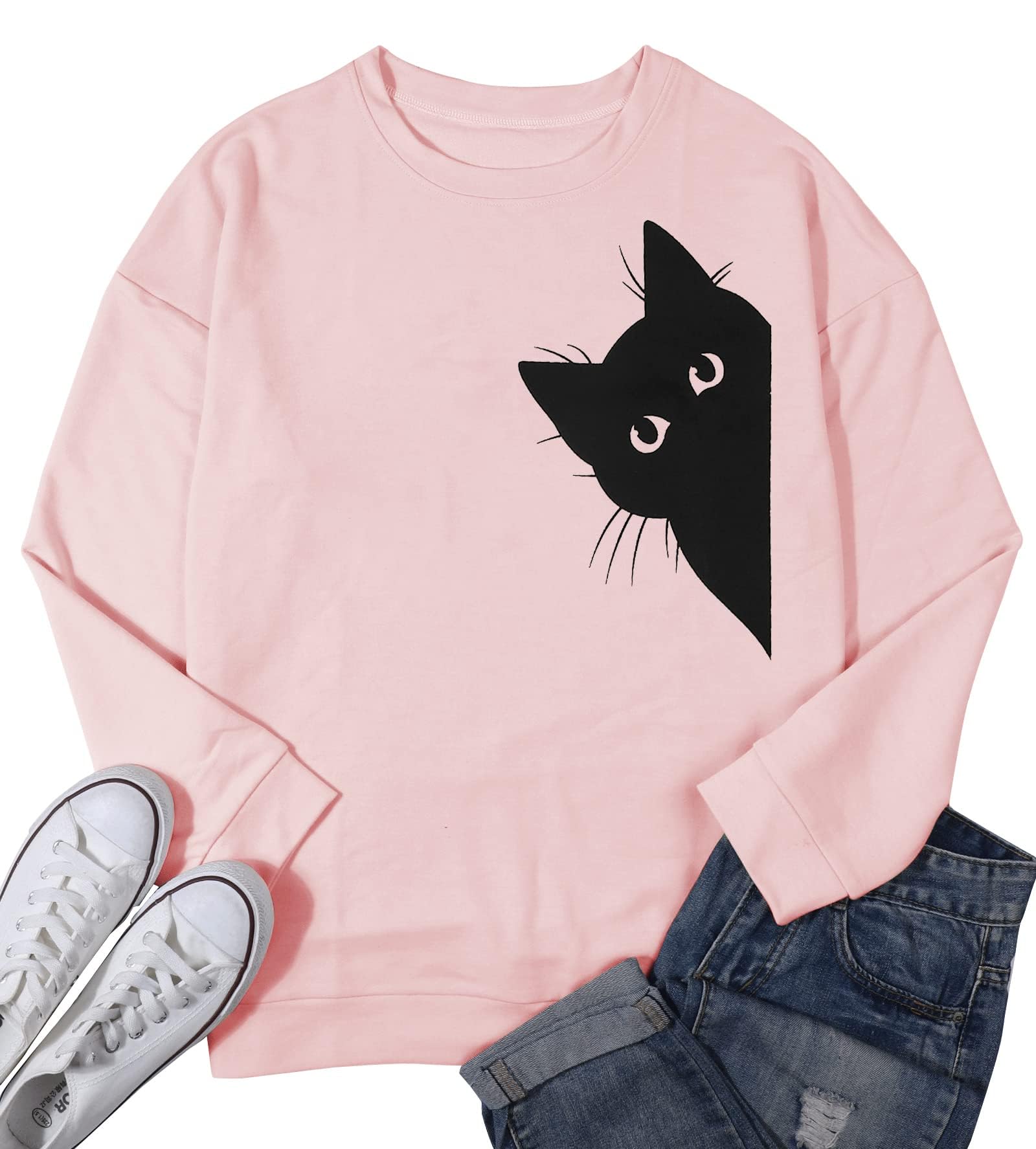 FRYAID Cat Sweatshirt Women Funny Black Cat Graphic Sweater Casual Cat Crewneck Holiday Long Sleeve Hoodie Pullover Top