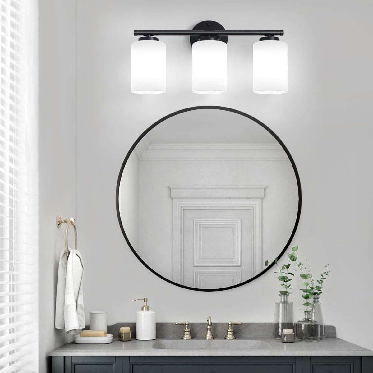 GZBEINI Black Bathroom Vanity Fixture,Farmhouse Bathroom Light FixturesOver Mirror,3 Light Modern Bathroom Lighting,Bathroom Vanity Light Fixtures Above Mirror with Milk White Glass Shade