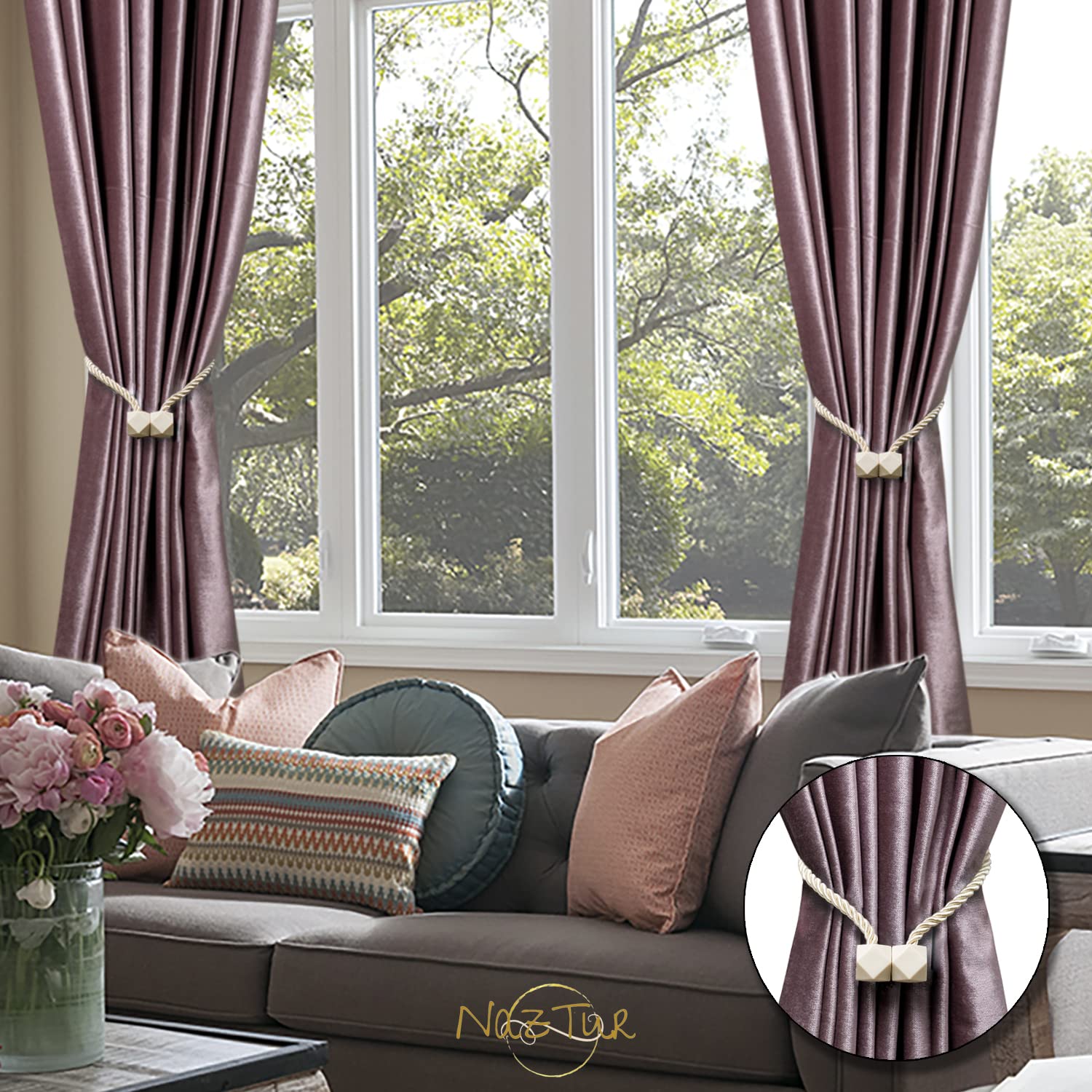 NazTur Magnetic Curtain Tiebacks- Upgrade 2022 with a Thicker Twist Rope and Strong Magnet Tieback Window Treatment Holdbacks Draperies Holders Decorative Drape Handmade Curtain Tie Back (Beige, 2)