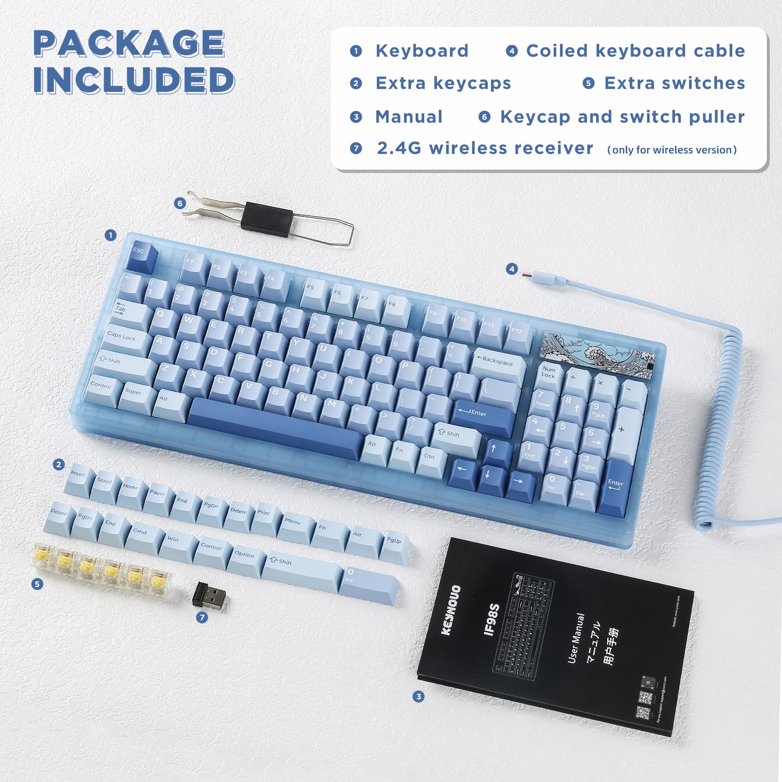 YUNZII Keynovo IF98 Pro Tri-Mode Wireless Bluetooth Hot Swappable Gasket Mechanical Gaming Keyboard 98 Key 96% 1800 Layout RGB Backlight for Mac & Win (Gateron G Pro Brown, Wireless Blue)