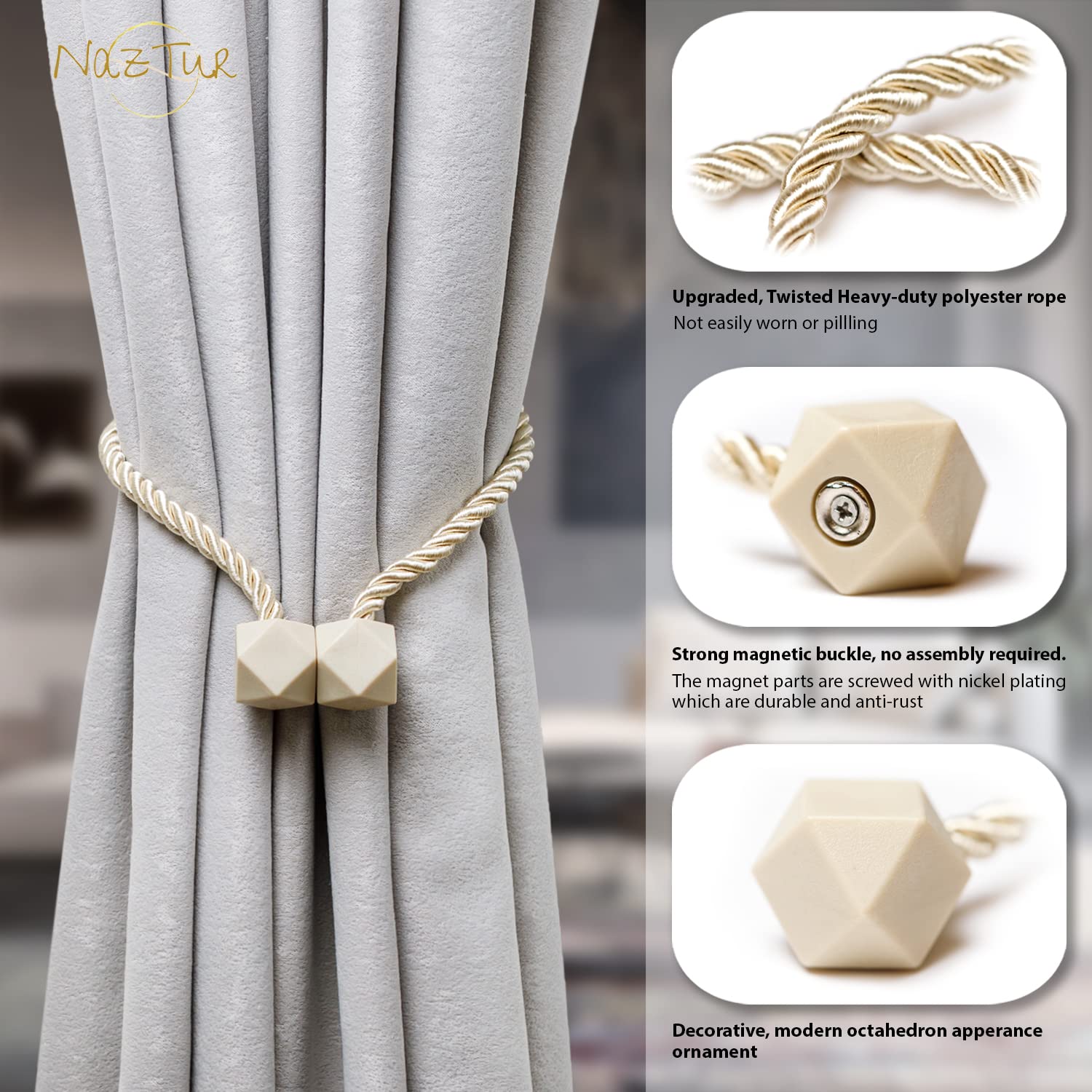 NazTur Magnetic Curtain Tiebacks- Upgrade 2022 with a Thicker Twist Rope and Strong Magnet Tieback Window Treatment Holdbacks Draperies Holders Decorative Drape Handmade Curtain Tie Back (Beige, 2)