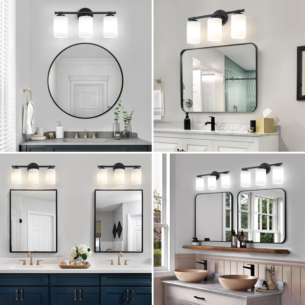 GZBEINI Black Bathroom Vanity Fixture,Farmhouse Bathroom Light FixturesOver Mirror,3 Light Modern Bathroom Lighting,Bathroom Vanity Light Fixtures Above Mirror with Milk White Glass Shade