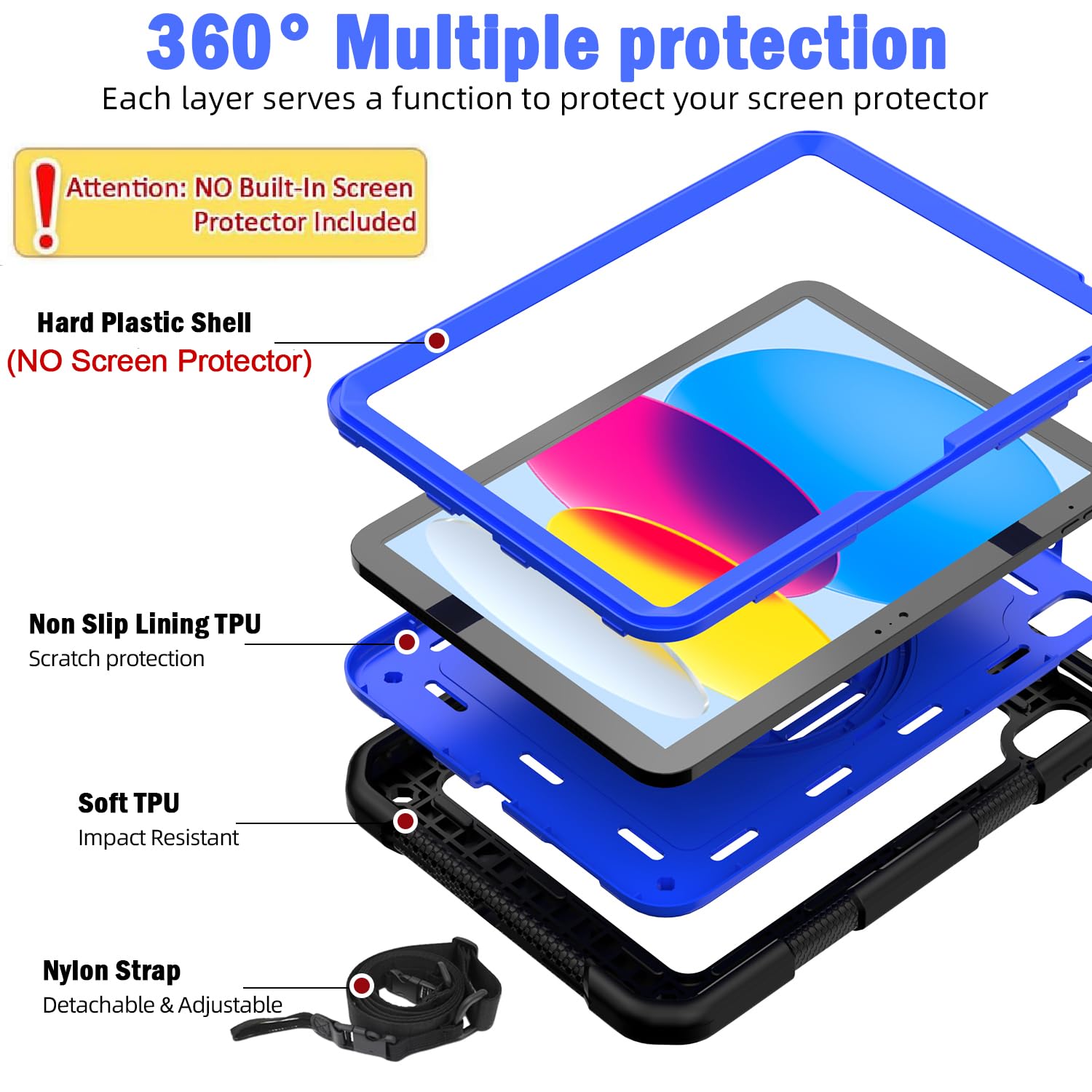 BMOUO Case for iPad (A16) 11th Generation 11" 2025/iPad 10th Generation 10.9 inch 2022, 360 Rotating Stand & Pencil Holder & Hand & Shoulder Strap Shockproof iPad 11th/10th Generation Case, Deep Blue
