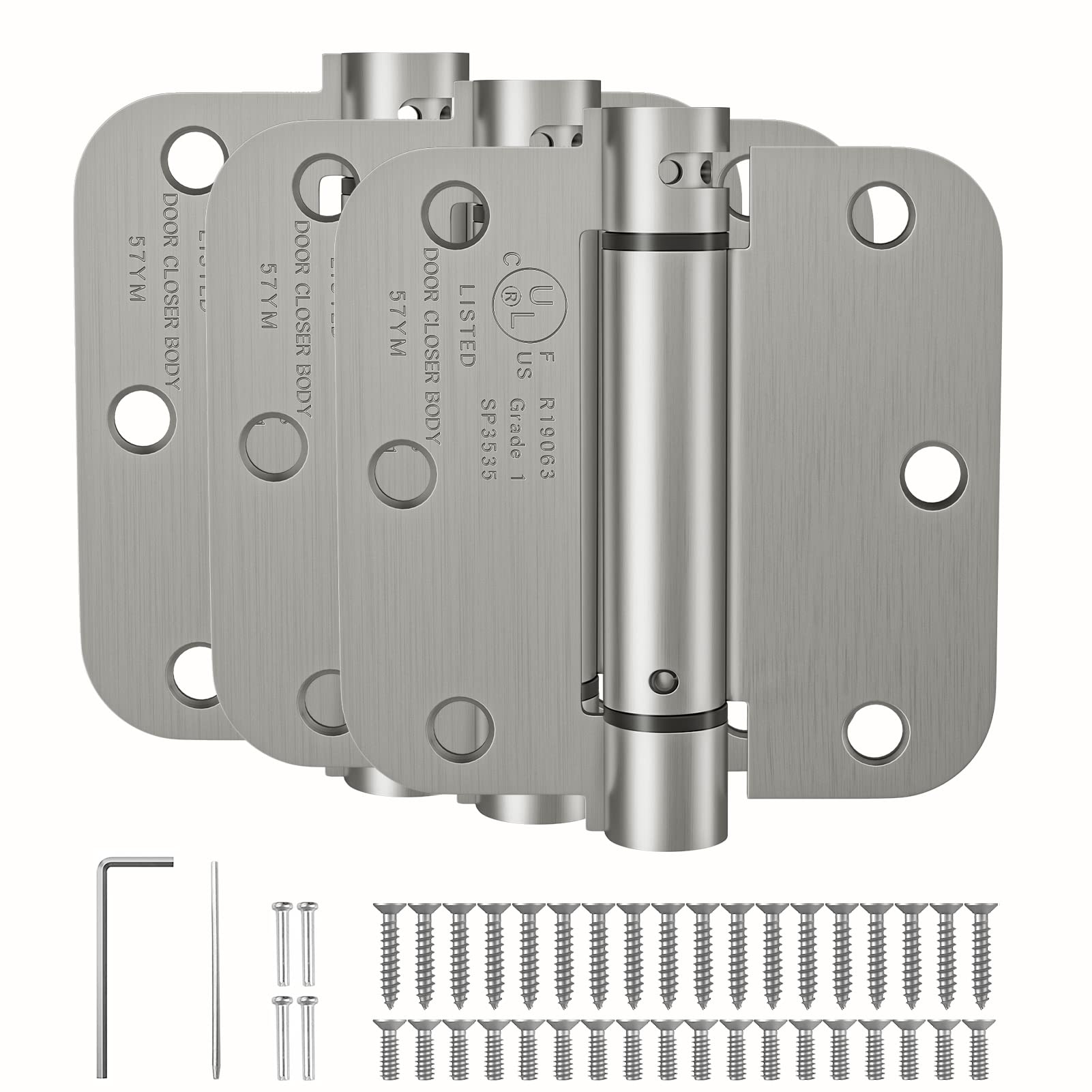 HOSOM Self Closing Door Hinges 3.5 Inch, Spring Loaded Hinges, Adjustable Tension for Interior Door, UL Listed, for Left and Right Hand Door, 5/8'' Radius Corners, Brushed Nickel, 3 Pack