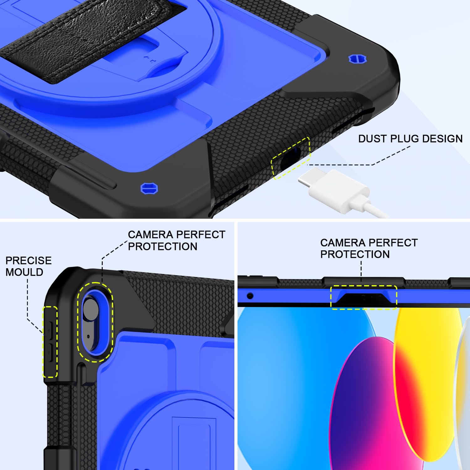 BMOUO Case for iPad (A16) 11th Generation 11" 2025/iPad 10th Generation 10.9 inch 2022, 360 Rotating Stand & Pencil Holder & Hand & Shoulder Strap Shockproof iPad 11th/10th Generation Case, Deep Blue