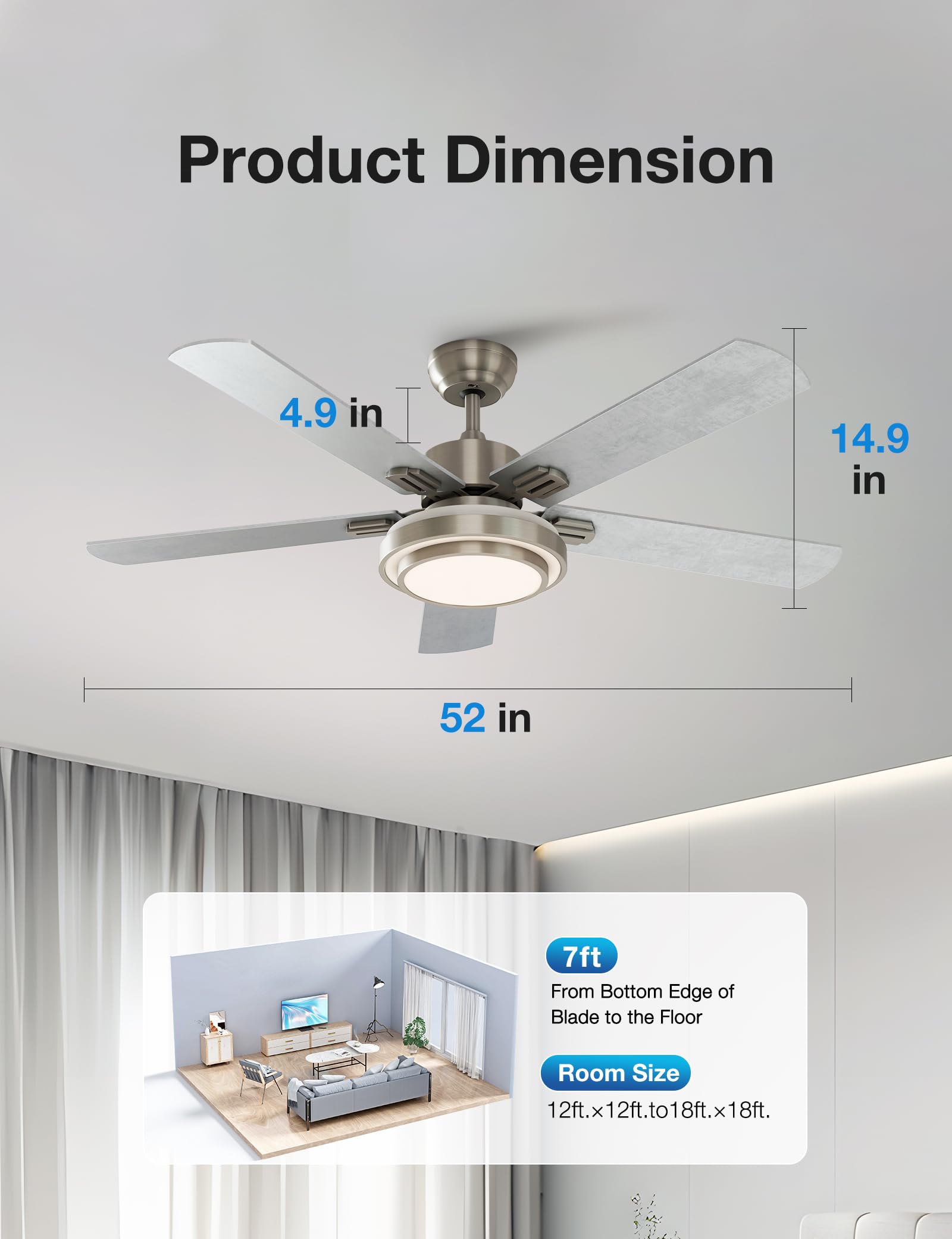 warmiplanet Ceiling Fans with Lights and Remote Control, 52 Inch, 6 Speeds Reversible DC Motor, 3 Color Dimmable Light, Timer, Noiseless, Brushed Nickel, 5 Blades, 2 Pack