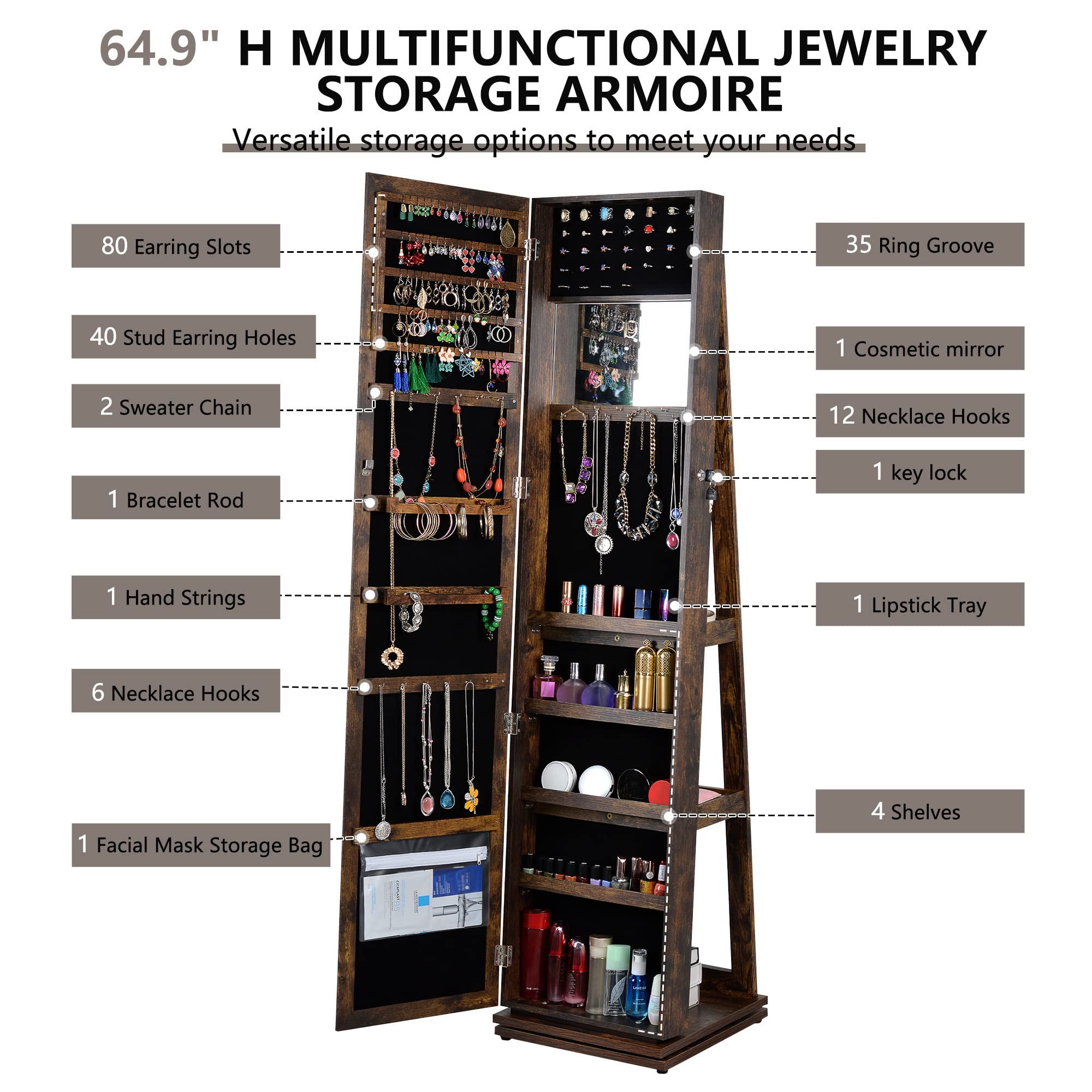 BOSTANA Jewelry Armoire 65" H, Full Length Mirror with Storage 360° Swivel, Lockable Standing Jewelry Cabinet Organizer with Storage Shelves Interior Mirror, Gift Idea, Brown