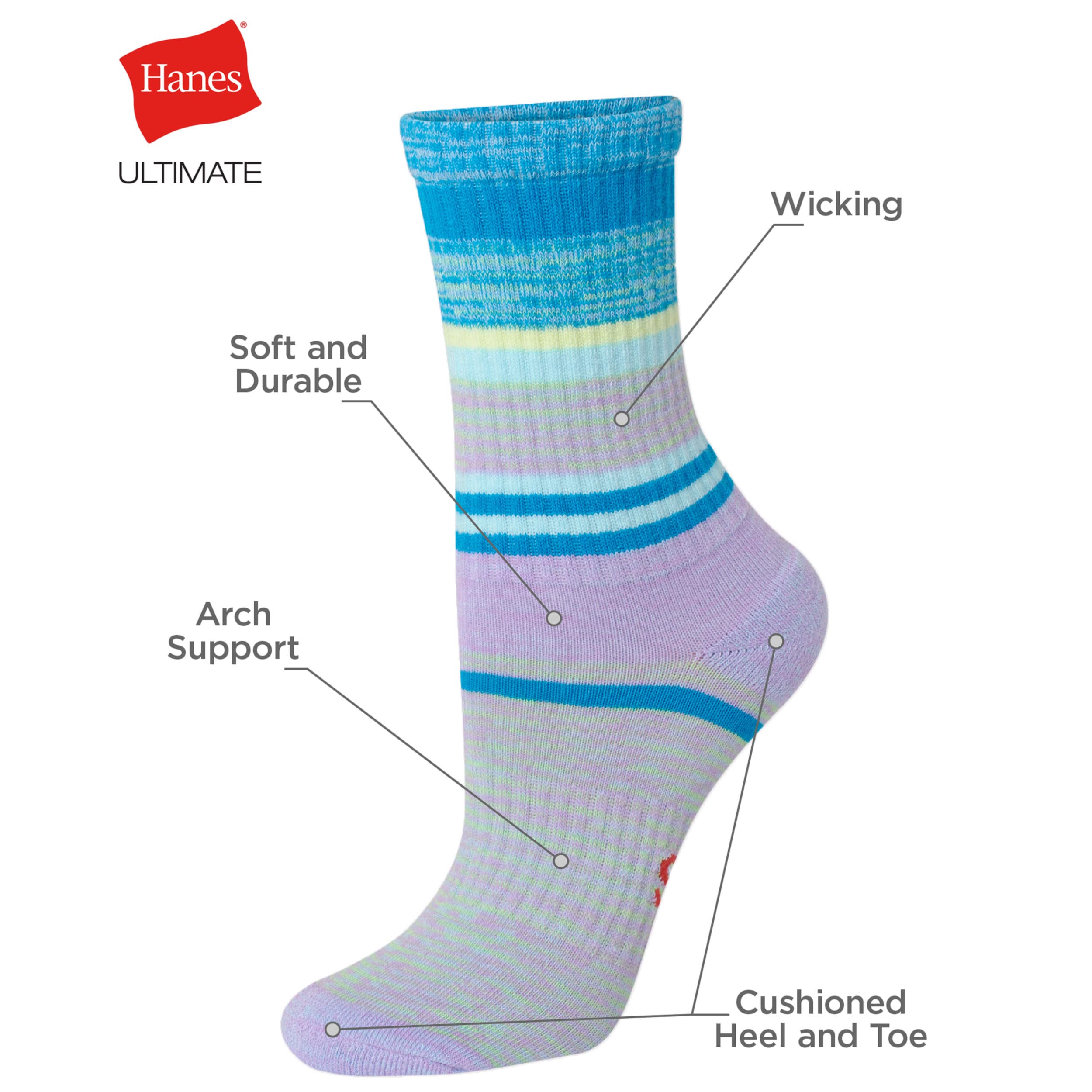 Hanes Originals Ultimate Women's, Ankle and No Show Socks, 6-Pack, Crew-Tie Dye Blue Green/Grey Assorted6 Pack, 5-9