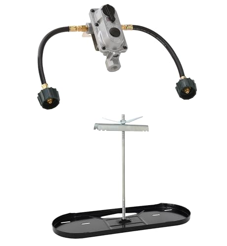 Flame King Auto Changeover LP Propane Gas Regulator + Dual RV Propane Tank Cylinder Rack for RVs and Trailers