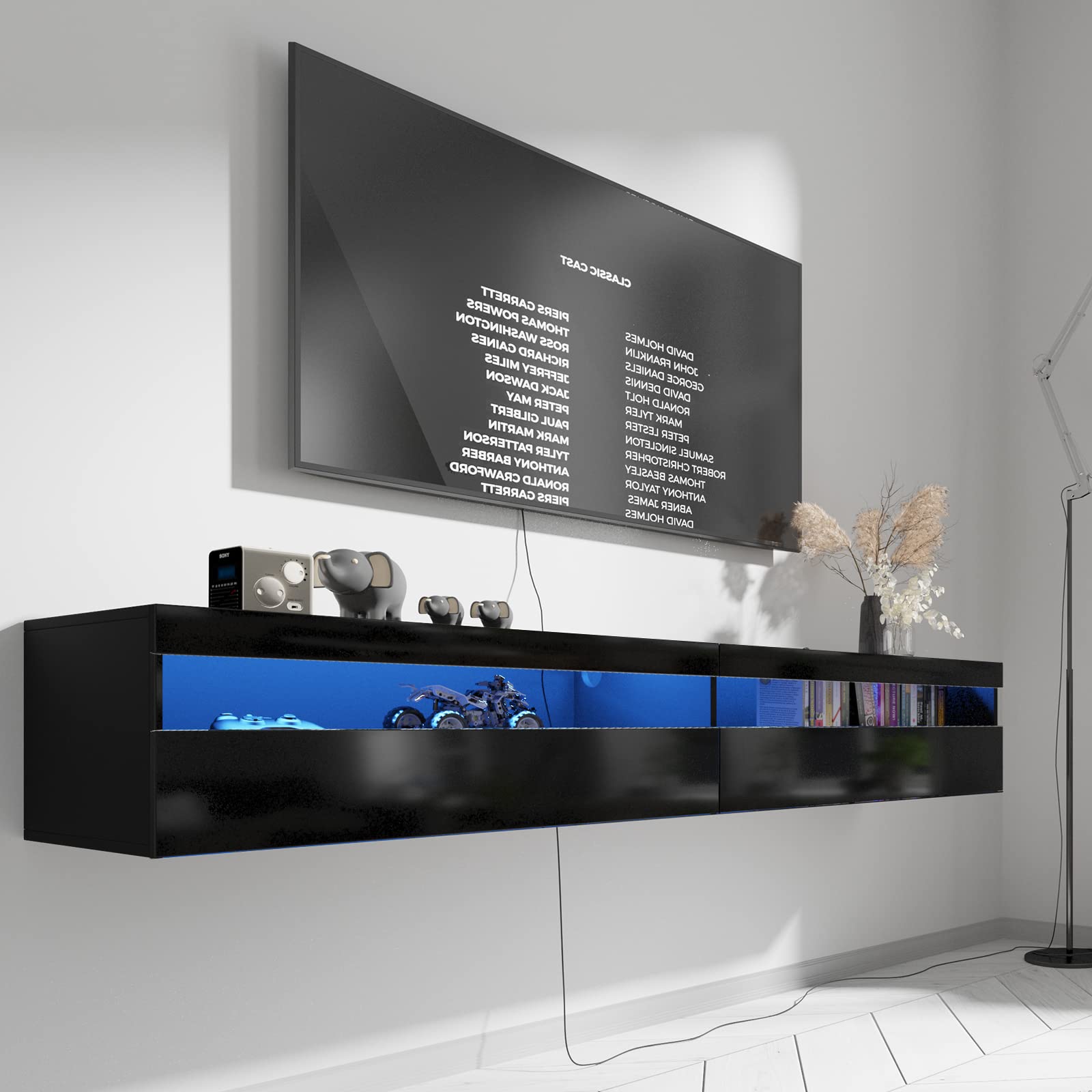 EXQUAL Modern Floating TV Stand, Black, 70.8''L x 16.3''W x 11.8''H, Wall Mounted TV Shelf with LED Lights & Power Outlet, 110 lbs Weight Capacity, for Living Room & Bedroom