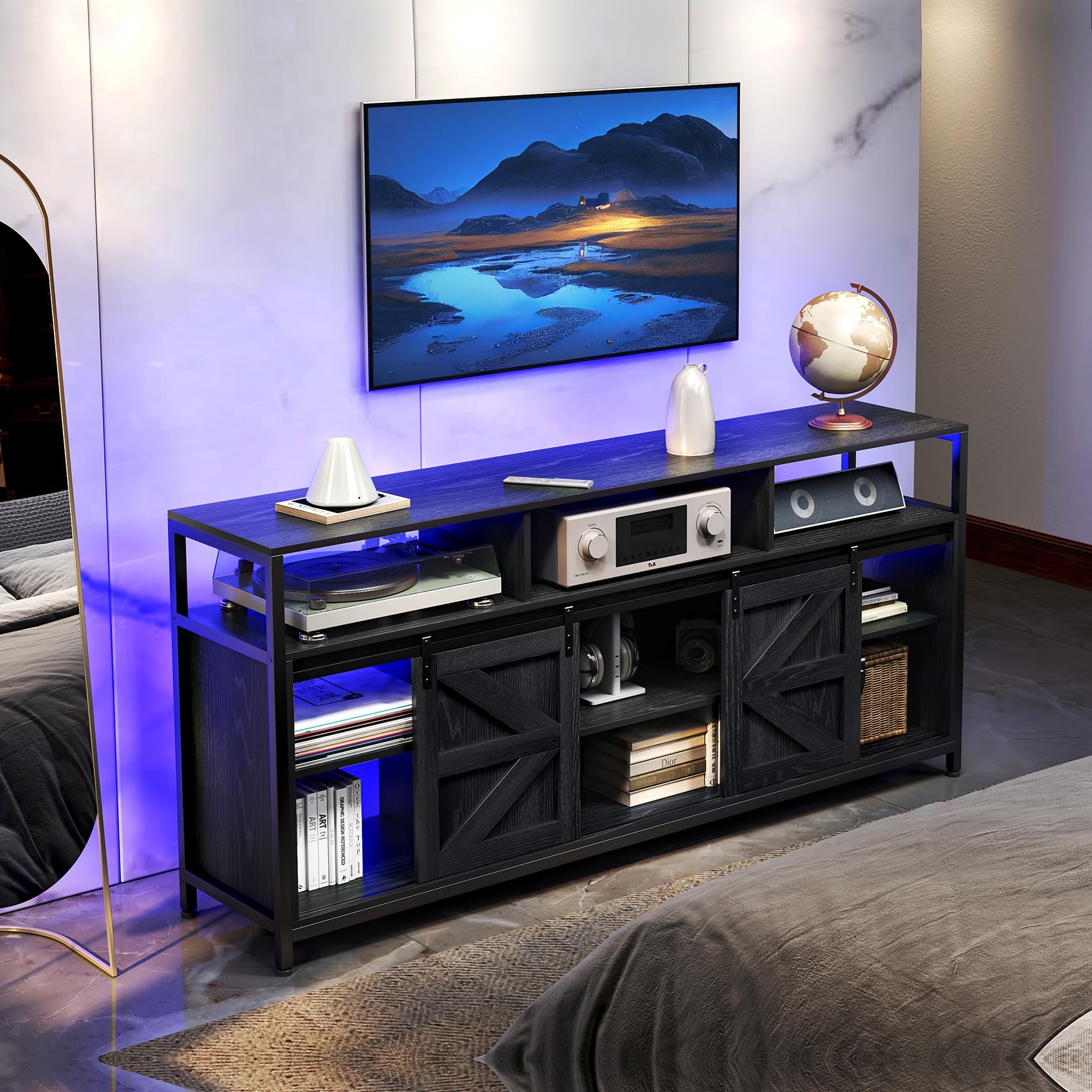 Mid Century Modern Black TV Stand with Sliding Barn Doors, Charging Station, LED Lights, and Storage Shelves for up to 70 inch TVs