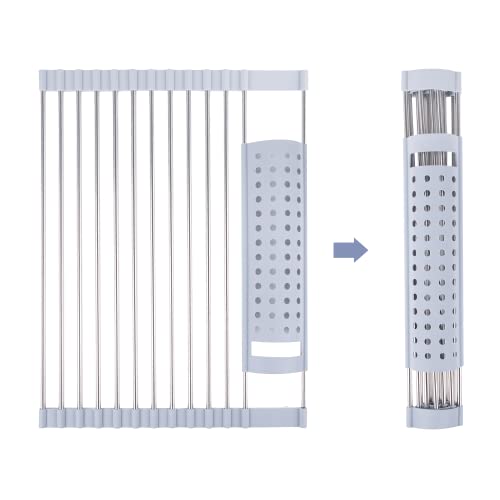 COSYSILK Over The Sink Roll Up Dish Drying Rack Dish Drainer for Kitchen Sink, Foldable Stanless Steel Roll Up Sink Dish Drying Rack with Utensil Holder for Sliverware Size 17.0" x 13.0" (Gray)