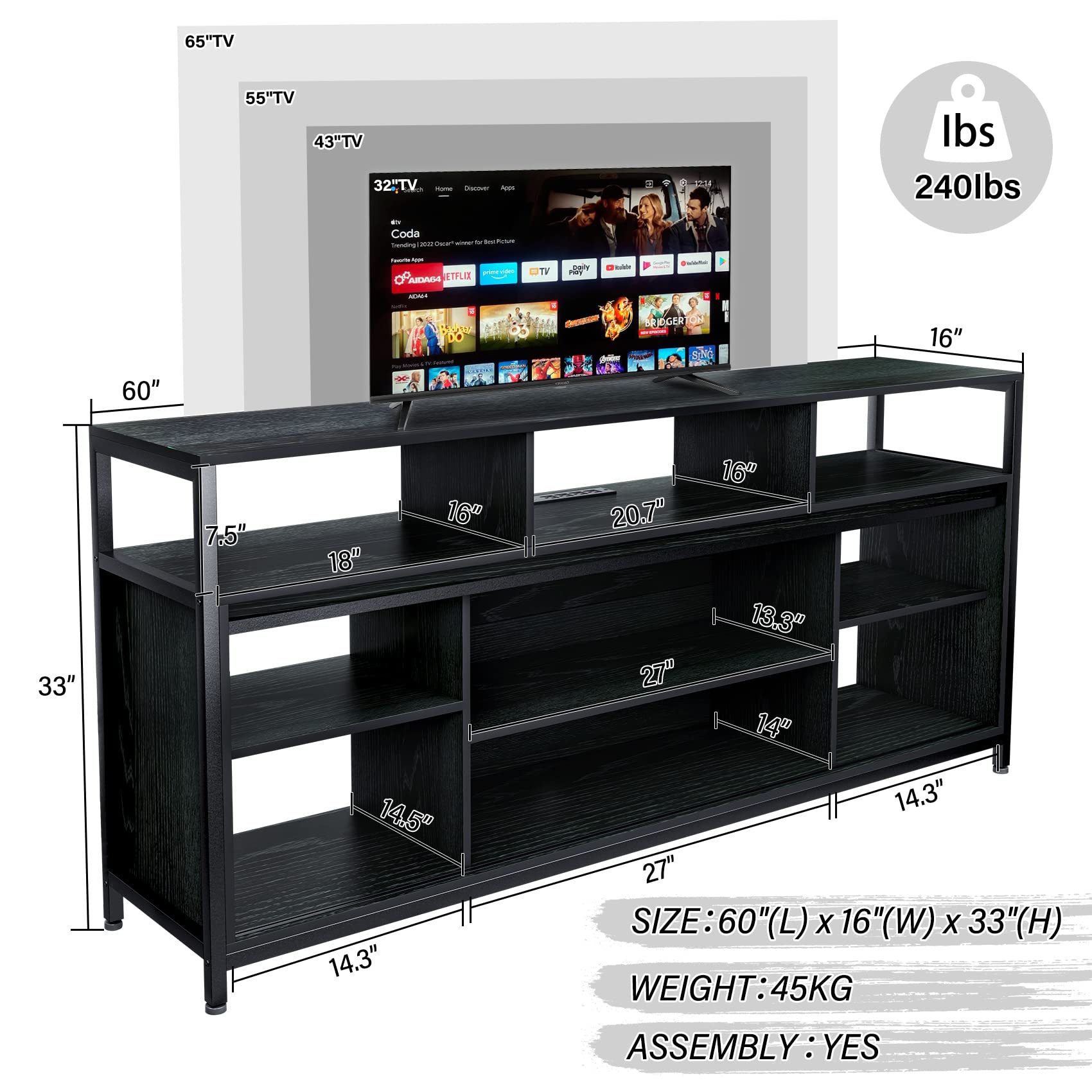 Mid Century Modern Black TV Stand with Sliding Barn Doors, Charging Station, LED Lights, and Storage Shelves for up to 70 inch TVs
