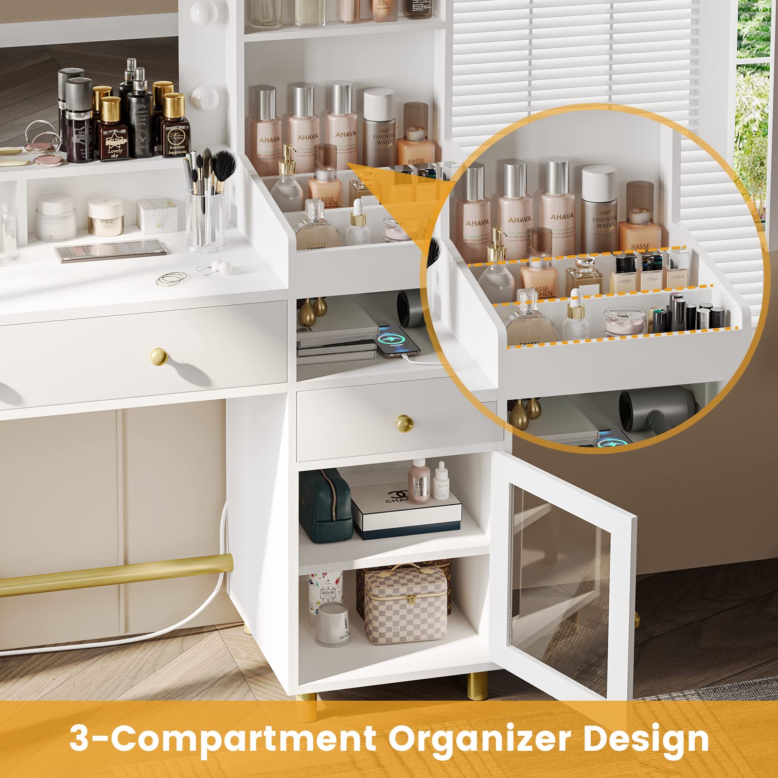 VIAGDO White Vanity Desk with Mirror and Lights, Makeup Vanity with Charging Station & 3 Storage Compartments, Makeup Desk with Drawers and Open Storage Shelves, Bedroom Dressing Table