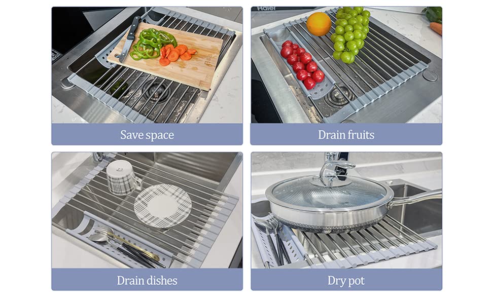COSYSILK Over The Sink Roll Up Dish Drying Rack Dish Drainer for Kitchen Sink, Foldable Stanless Steel Roll Up Sink Dish Drying Rack with Utensil Holder for Sliverware Size 17.0" x 13.0" (Gray)