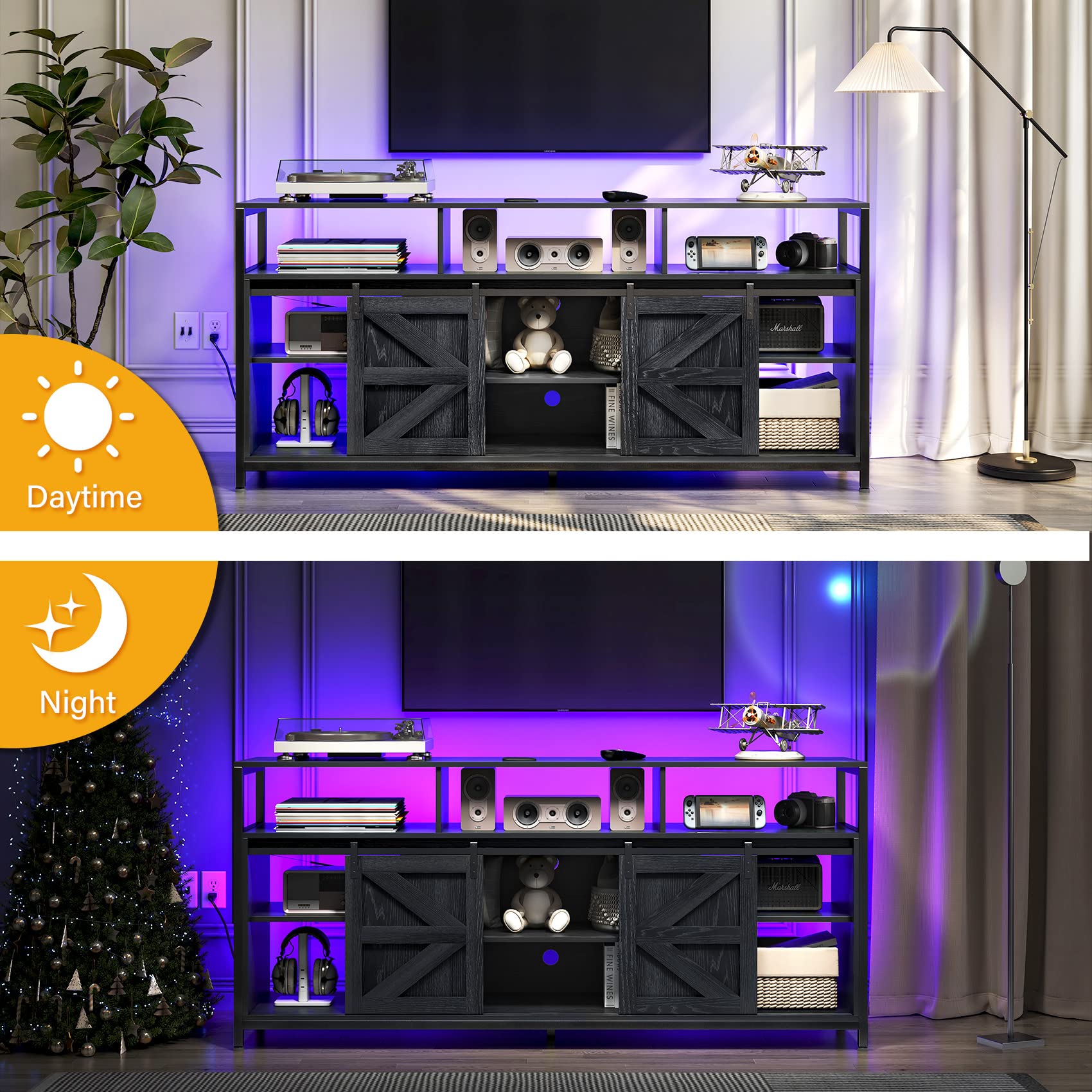 Mid Century Modern Black TV Stand with Sliding Barn Doors, Charging Station, LED Lights, and Storage Shelves for up to 70 inch TVs