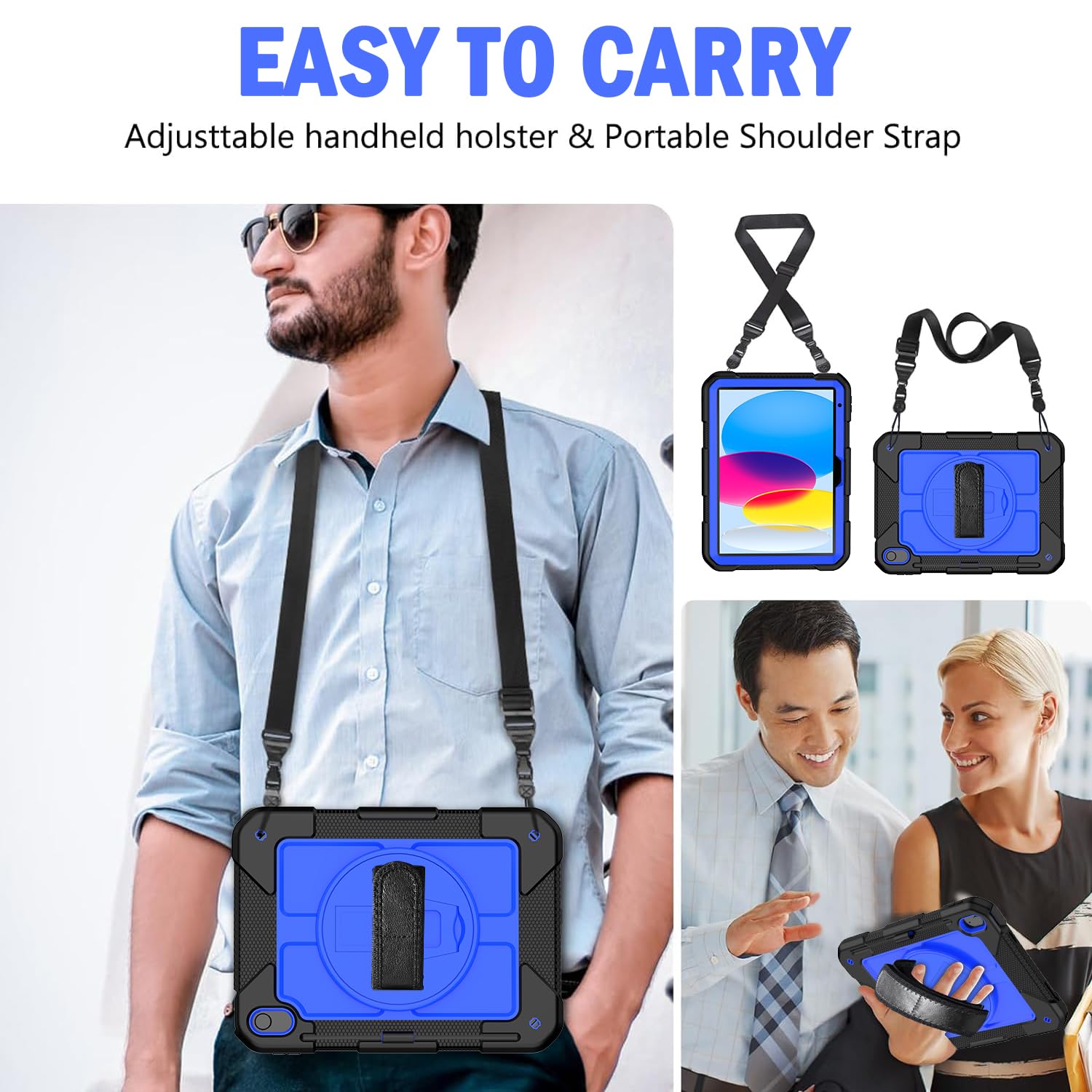 BMOUO Case for iPad (A16) 11th Generation 11" 2025/iPad 10th Generation 10.9 inch 2022, 360 Rotating Stand & Pencil Holder & Hand & Shoulder Strap Shockproof iPad 11th/10th Generation Case, Deep Blue
