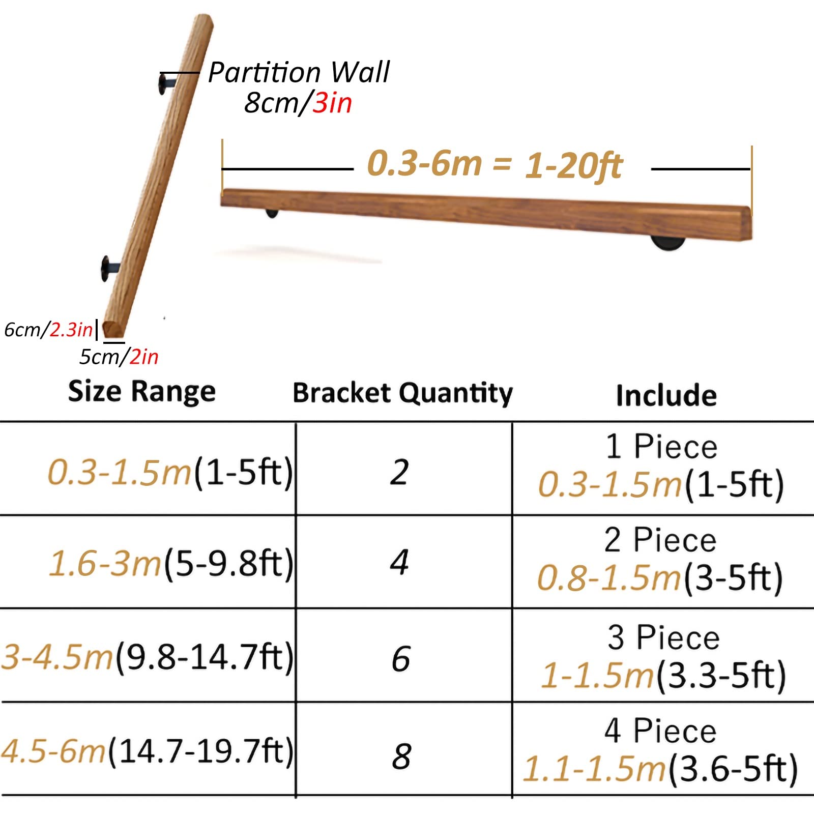 Indoor Wooden Handicap Handrails for Stairway/Entrance/Hot Tub, Long 3m 3.5m 4m 4.5m 5m 5.5m 6m Disabled Porch Railing/Hand Pipe, Handrail Supports System (Size : 1m(3.2ft)=1 Sections)