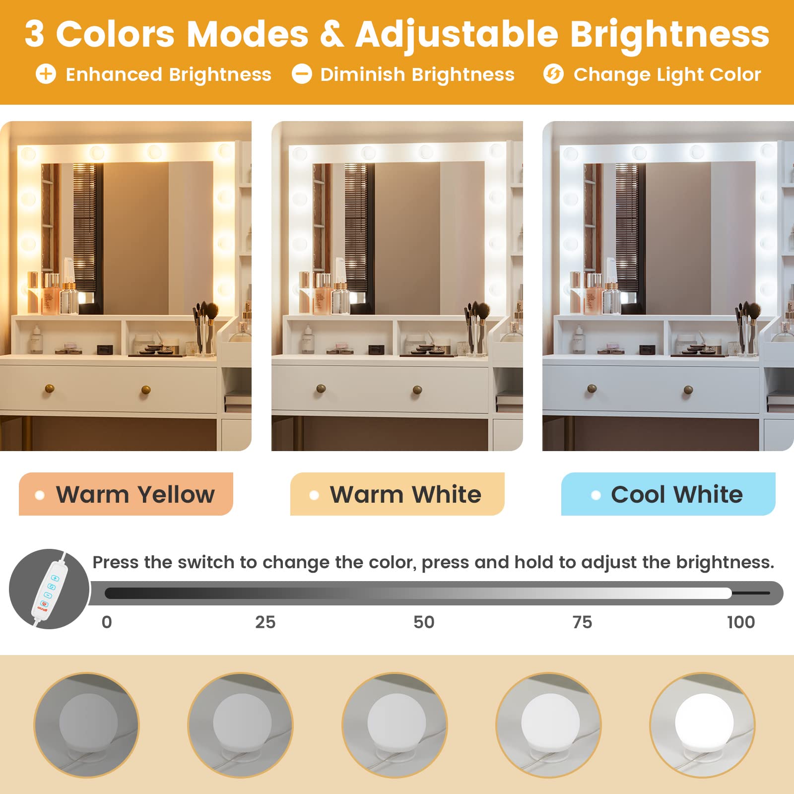 VIAGDO White Vanity Desk with Mirror and Lights, Makeup Vanity with Charging Station & 3 Storage Compartments, Makeup Desk with Drawers and Open Storage Shelves, Bedroom Dressing Table