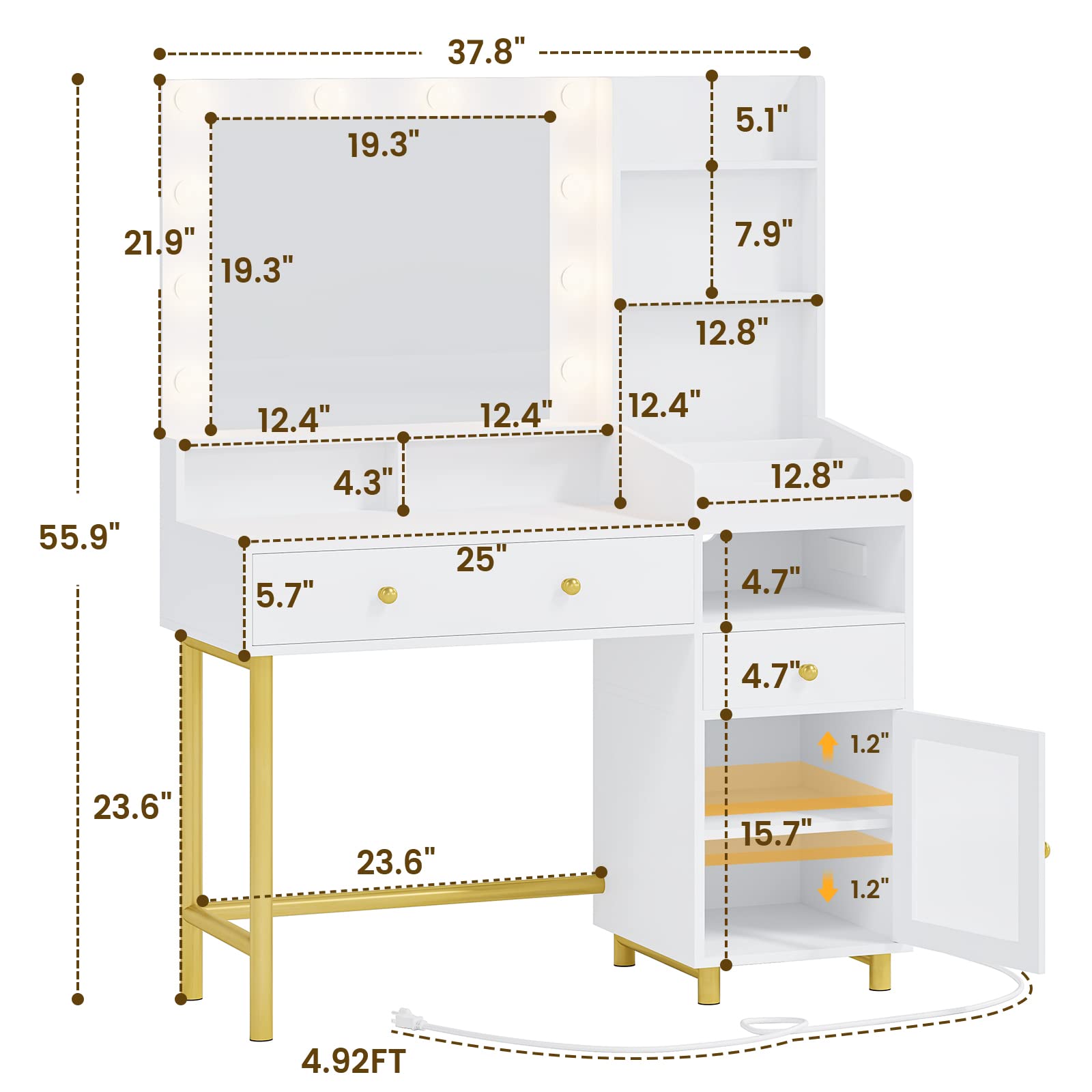 VIAGDO White Vanity Desk with Mirror and Lights, Makeup Vanity with Charging Station & 3 Storage Compartments, Makeup Desk with Drawers and Open Storage Shelves, Bedroom Dressing Table