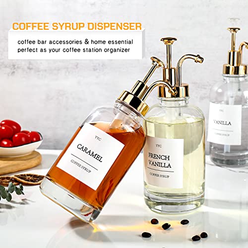 [Coffee Bar Accessories]Coffee Syrup Dispenser for Coffee Bar,YYC Coffee Syrup Pump Dispenser w Labels,Glass Syrup Dispenser 4 Pack,16.9oz Coffee Syrup Bottles
