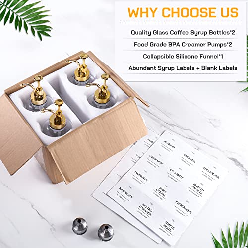 [Coffee Bar Accessories]Coffee Syrup Dispenser for Coffee Bar,YYC Coffee Syrup Pump Dispenser w Labels,Glass Syrup Dispenser 4 Pack,16.9oz Coffee Syrup Bottles