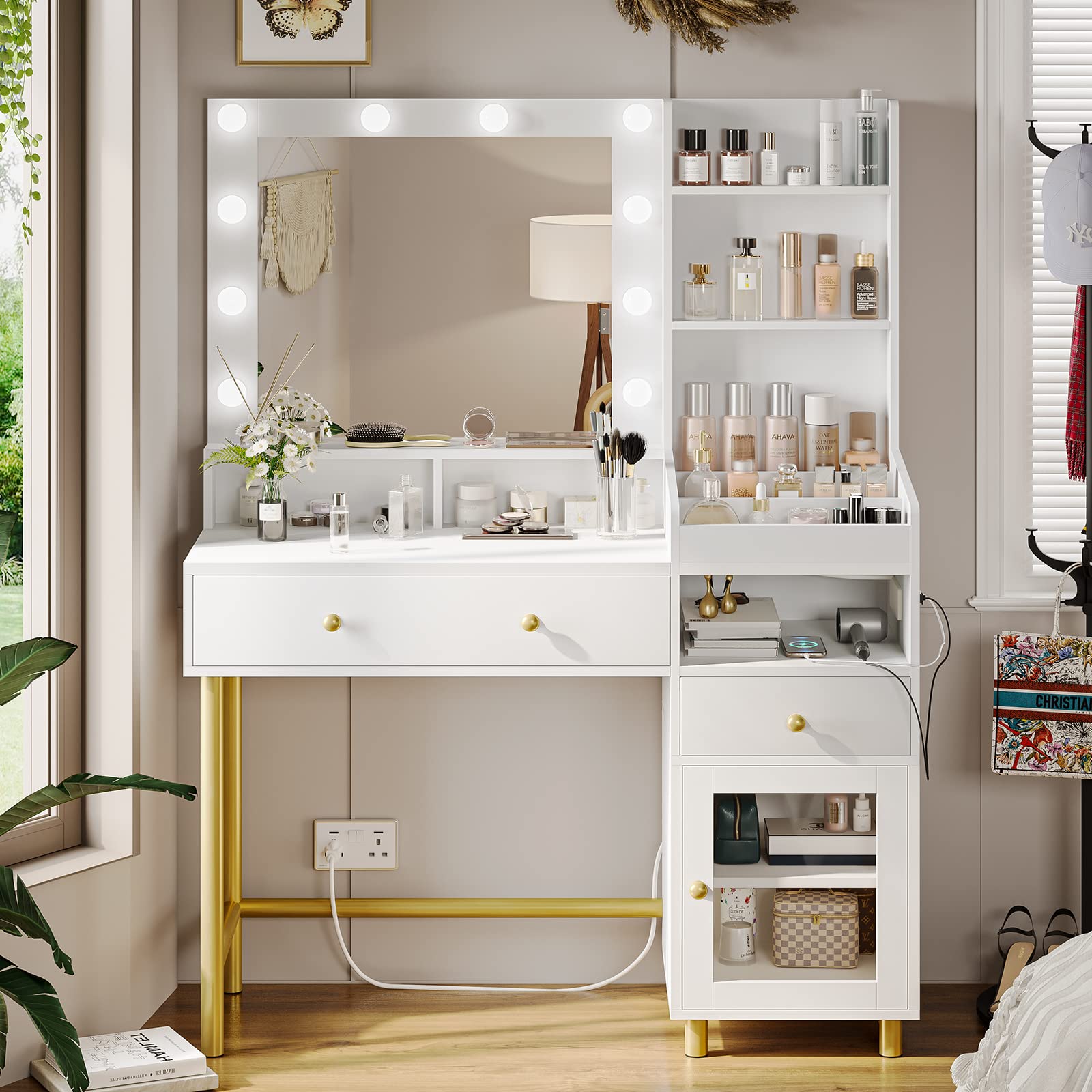 VIAGDO White Vanity Desk with Mirror and Lights, Makeup Vanity with Charging Station & 3 Storage Compartments, Makeup Desk with Drawers and Open Storage Shelves, Bedroom Dressing Table