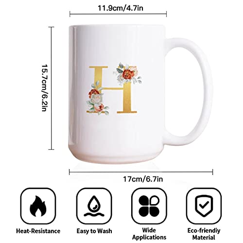 Yelolyio Watercolor Floral Monogram Coffee Mug, Alphabet Initial Letter H Coffee Cup, Monogram Mug Cup, 15oz