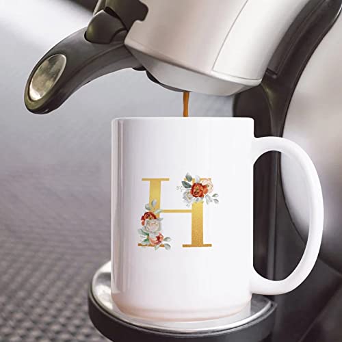 Yelolyio Watercolor Floral Monogram Coffee Mug, Alphabet Initial Letter H Coffee Cup, Monogram Mug Cup, 15oz