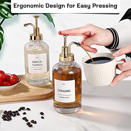 [Coffee Bar Accessories]Coffee Syrup Dispenser for Coffee Bar,YYC Coffee Syrup Pump Dispenser w Labels,Glass Syrup Dispenser 4 Pack,16.9oz Coffee Syrup Bottles