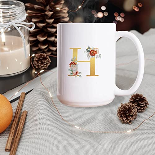 Yelolyio Watercolor Floral Monogram Coffee Mug, Alphabet Initial Letter H Coffee Cup, Monogram Mug Cup, 15oz