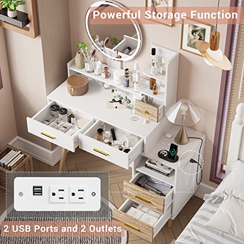 BTHFST Vanity Desk with Mirror, Lights, and Charging Station of 2 USB Ports, Outlets, Table with Drawers, Shelves, and Nightstand.