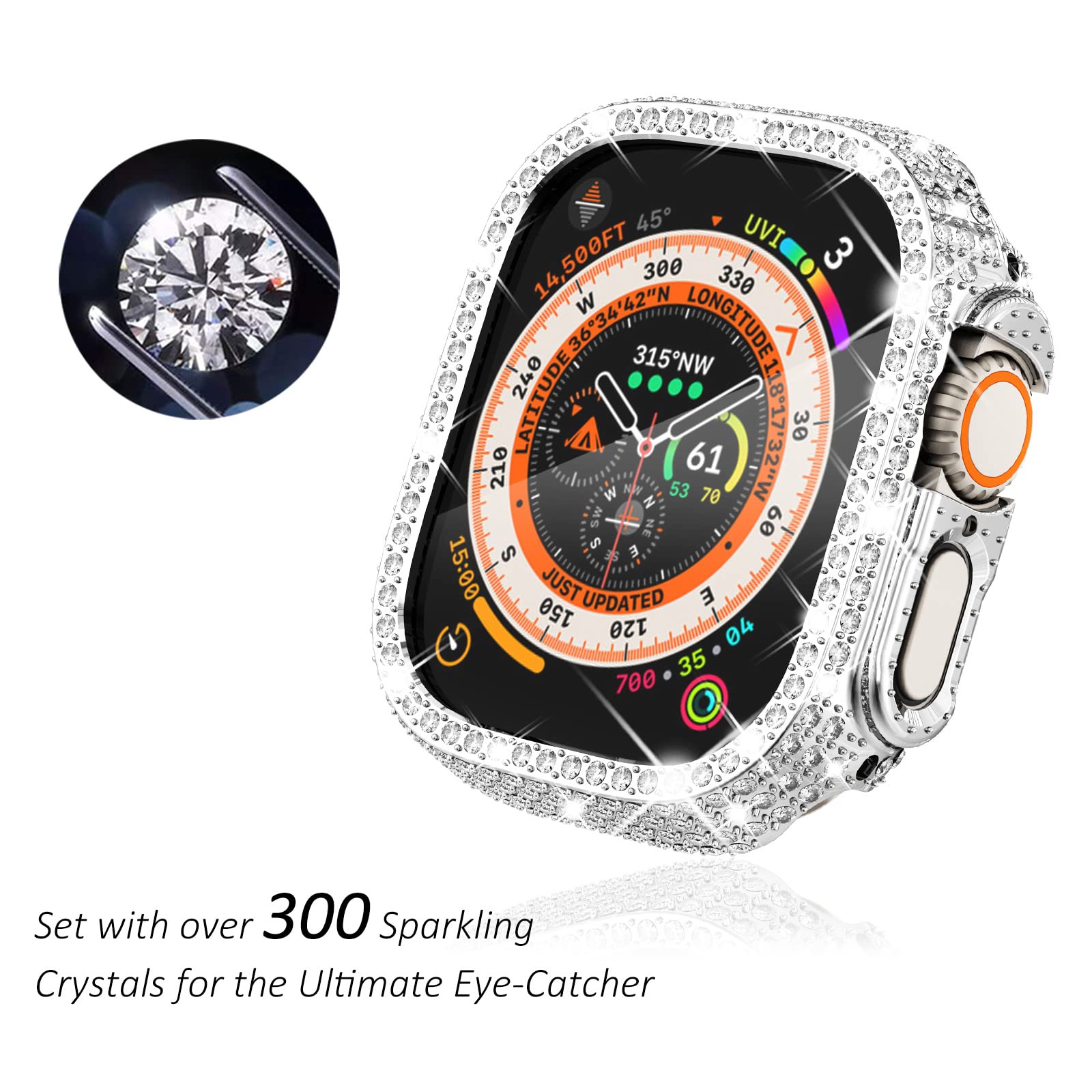 Surace 49mm Case Compatible with Apple Watch Ultra Case, Bling Case with Over 400 Crystal Diamonds Protective Cover Bumper Compatible for Apple Watch Ultra (49mm, Silver)