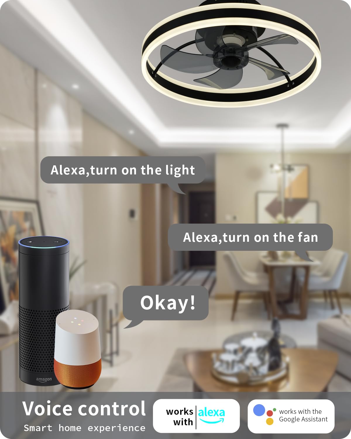 DewShrimp Low Profile Bladeless Ceiling Fan with Speaker, 19.8" Smart Fan Compatible with Alexa/Google Assistant/App Control, 6 Speed Flush Mount Dimmable LED Lights