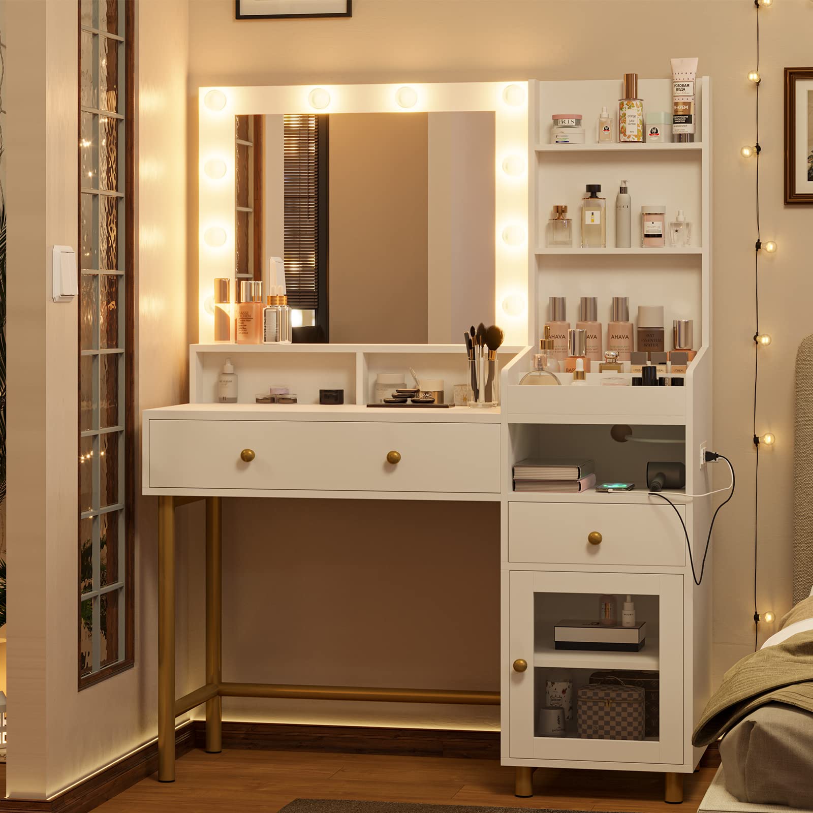 VIAGDO White Vanity Desk with Mirror and Lights, Makeup Vanity with Charging Station & 3 Storage Compartments, Makeup Desk with Drawers and Open Storage Shelves, Bedroom Dressing Table