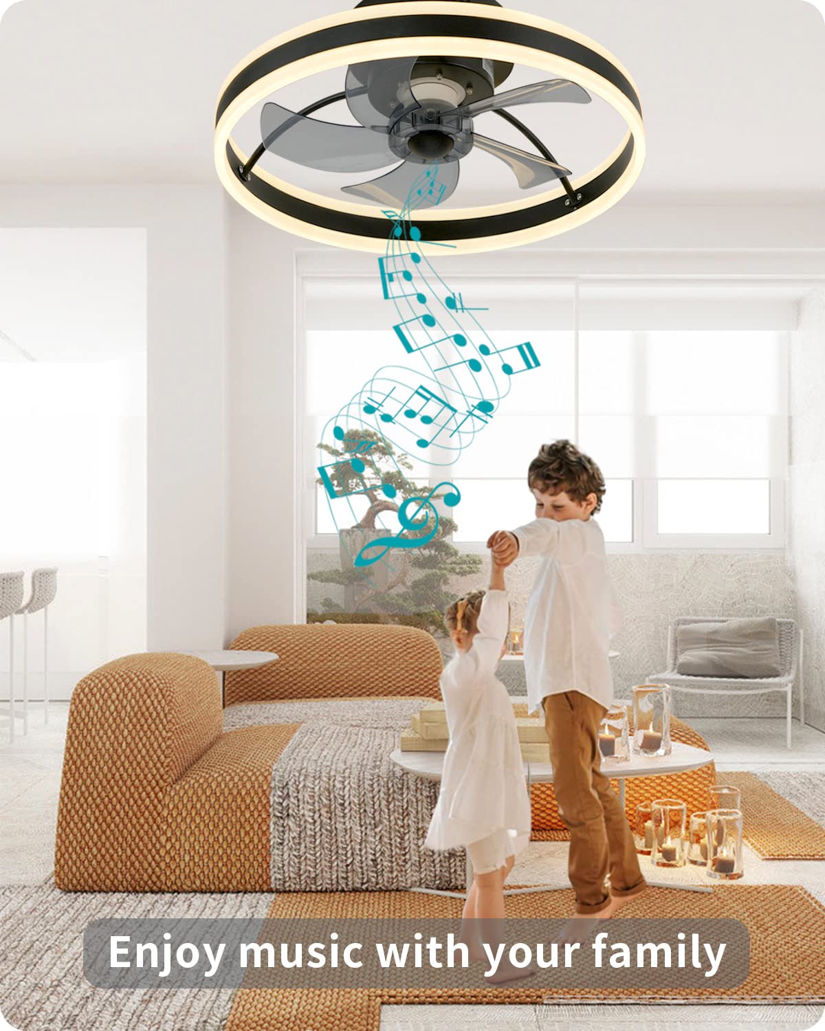 DewShrimp Low Profile Bladeless Ceiling Fan with Speaker, 19.8" Smart Fan Compatible with Alexa/Google Assistant/App Control, 6 Speed Flush Mount Dimmable LED Lights