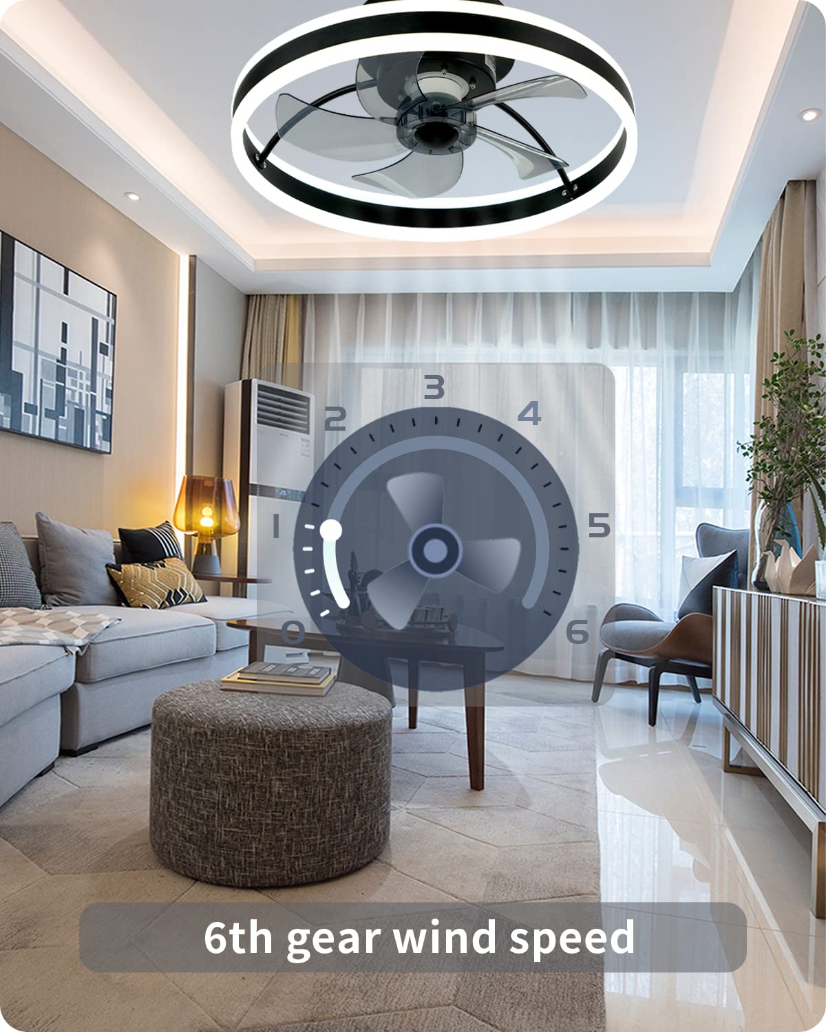 DewShrimp Low Profile Bladeless Ceiling Fan with Speaker, 19.8" Smart Fan Compatible with Alexa/Google Assistant/App Control, 6 Speed Flush Mount Dimmable LED Lights