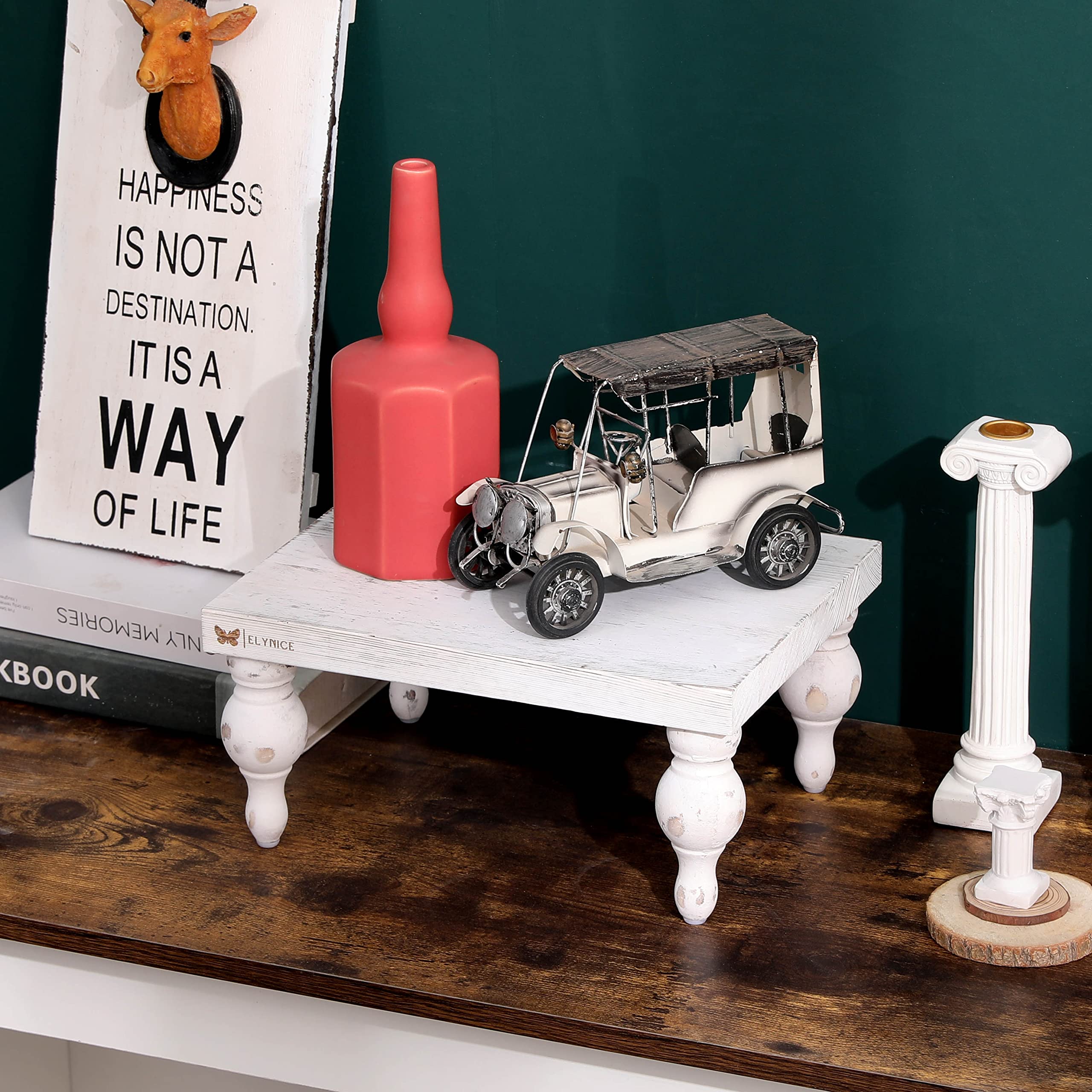 Elynice Wood Tray - 12 x 9 x 5.5in Farmhouse Decor Display Stand, Kitchen Counter Tray, Rustic Coffee Bar Decor (Linen White, 220lb Capacity, 2.61lbs)