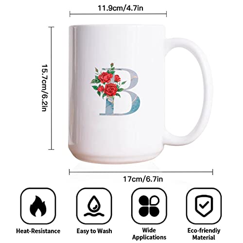 Yelolyio Watercolor Floral Monogram Coffee Mug, Alphabet Initial Letter B Coffee Cup, Monogram Mug Cup, 15oz
