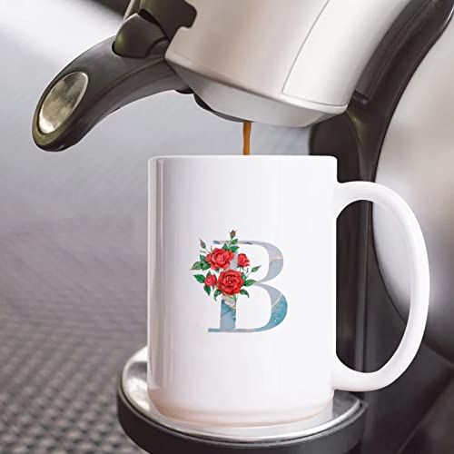 Yelolyio Watercolor Floral Monogram Coffee Mug, Alphabet Initial Letter B Coffee Cup, Monogram Mug Cup, 15oz