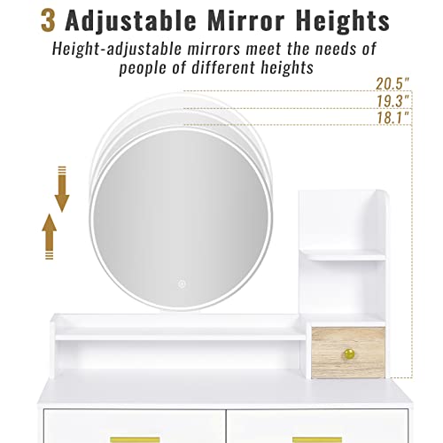 BTHFST Vanity Desk with Mirror, Lights, and Charging Station of 2 USB Ports, Outlets, Table with Drawers, Shelves, and Nightstand.