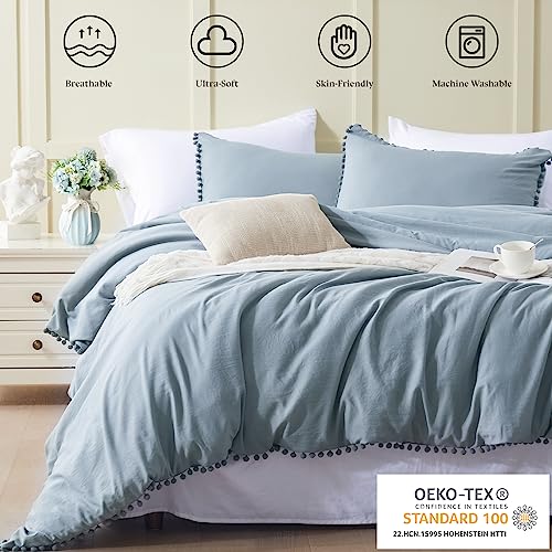 Newspin Duvet Cover King Size Pom Pom Fringe Blue,3Pcs Soft Breathable 100% Washed Microfiber Boho Bedding Duvet Cover Set with Zipper Closure,1 Duvet Cover(104"X90") and 2 Pillow Shams(No Comforter)