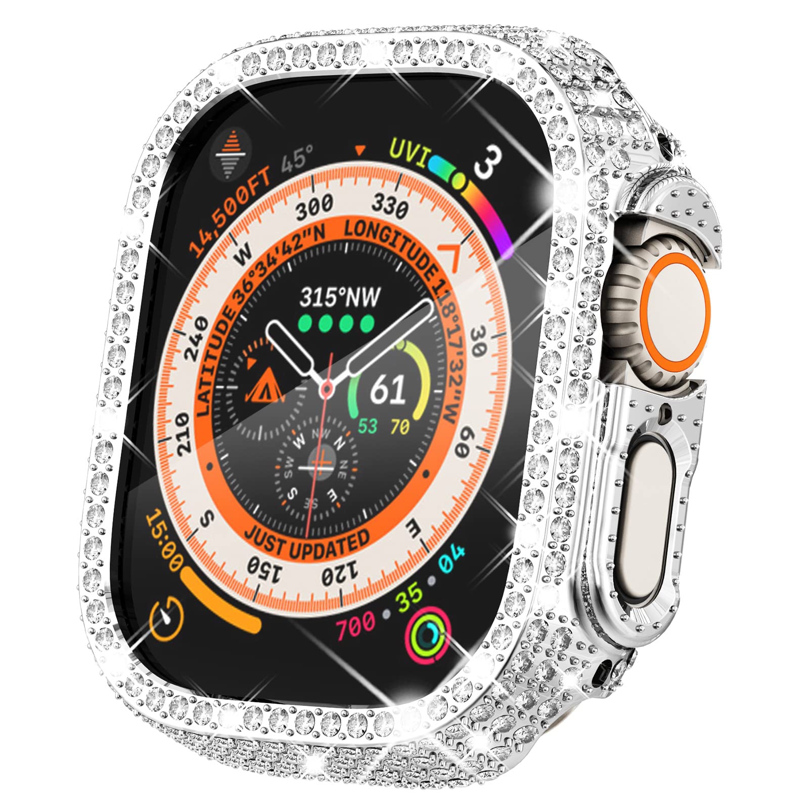 Surace 49mm Case Compatible with Apple Watch Ultra Case, Bling Case with Over 400 Crystal Diamonds Protective Cover Bumper Compatible for Apple Watch Ultra (49mm, Silver)