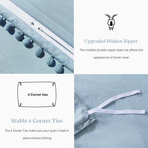 Newspin Duvet Cover King Size Pom Pom Fringe Blue,3Pcs Soft Breathable 100% Washed Microfiber Boho Bedding Duvet Cover Set with Zipper Closure,1 Duvet Cover(104"X90") and 2 Pillow Shams(No Comforter)