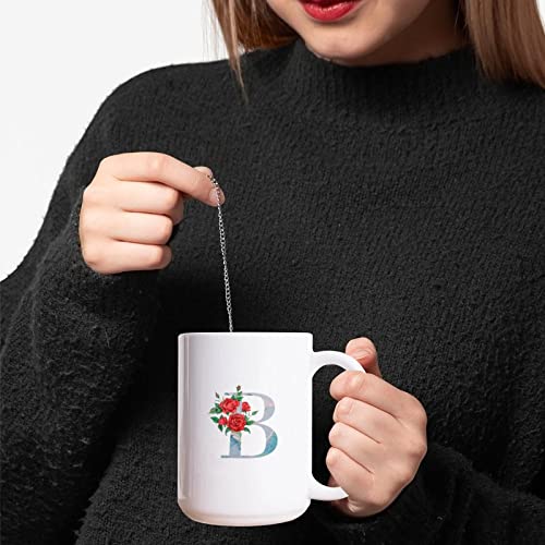 Yelolyio Watercolor Floral Monogram Coffee Mug, Alphabet Initial Letter B Coffee Cup, Monogram Mug Cup, 15oz